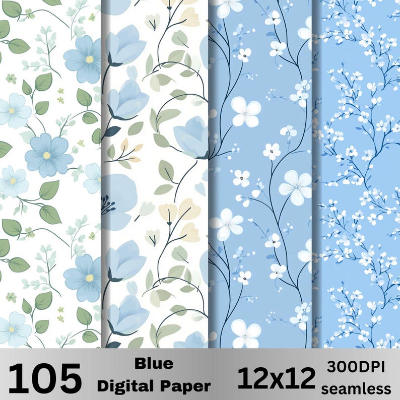 105 Seamless Blue Digital Paper Pack, Blue Pattern Backgrounds ...