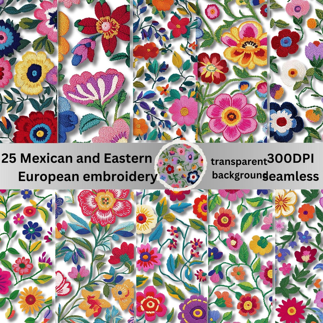 25PNG Mexican & Eastern European Embroidery Seamless Digital Paper Pack ...