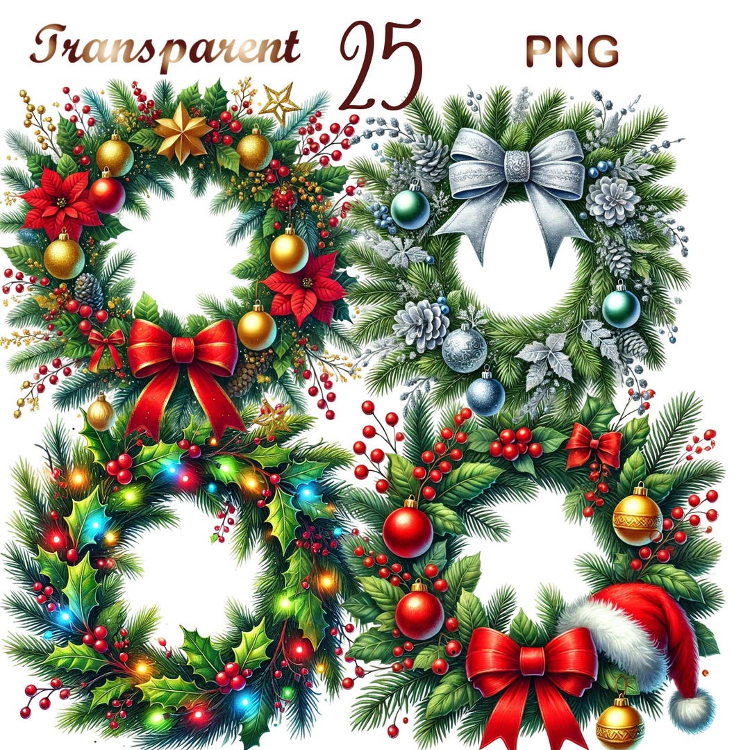 25 PNG Christmas Wreaths Clipart Bundle, Set 2, Festive Wreath ...