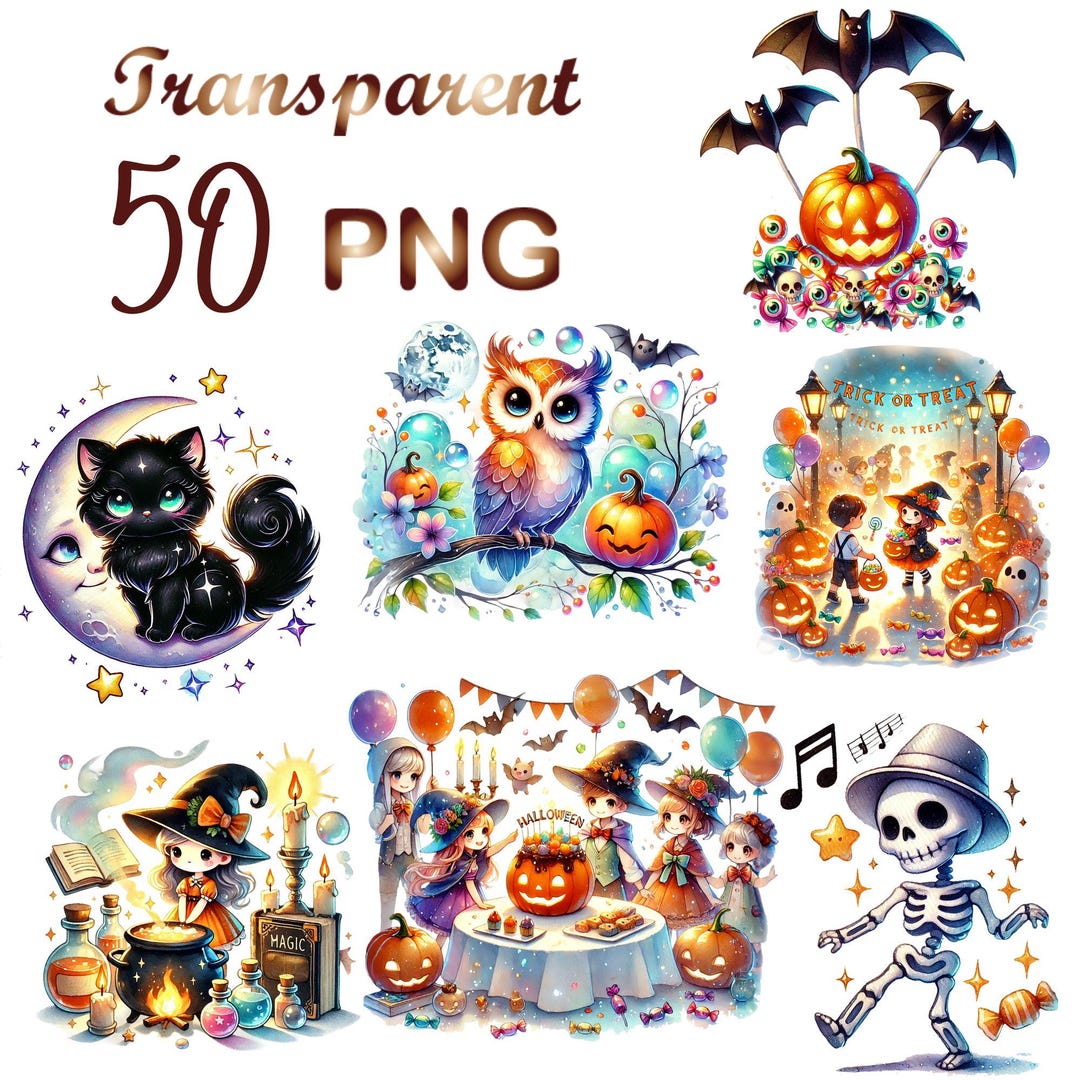 50 PNG, Happy Halloween Clipart Bundle, Watercolor Halloween Clipart ...