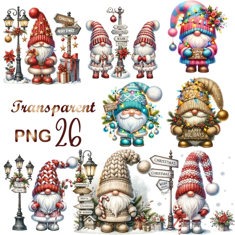 26 PNG, Watercolor Festive Gnomes Collection Clipart, Christmas Gnomes ...