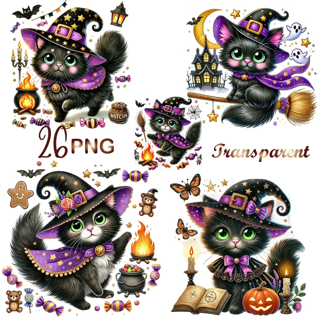 26 PNG, Cute Witch Cat Clipart Bundle, Witch Cat Clipart, Watercolor ...