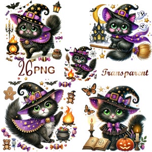 26 PNG, Cute Witch Cat Clipart Bundle, Witch Cat Clipart, Watercolor ...