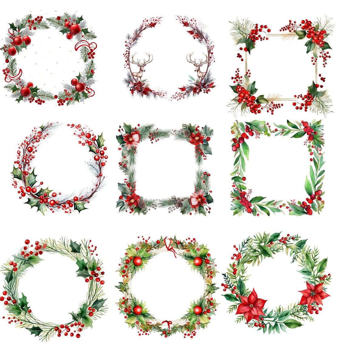25 Watercolor Christmas Frames Clipart, Merry Christmas Holiday Wreath ...