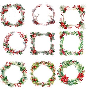 25 Watercolor Christmas Frames Clipart, Merry Christmas Holiday Wreath ...