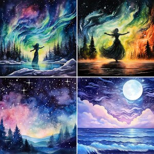 30 Watercolor Magical Night Paper Jpgs, Sky Digital Background, Starry ...