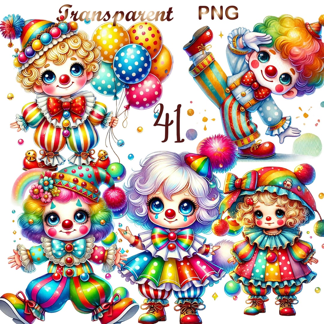 41 PNG Set 2 Cute Clowns Clipart Bundle, Colorful Circus Performer ...
