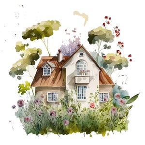 10 Jpgs, Summer Cottages Watercolor Clipart, Digital Planner, Wall Art ...