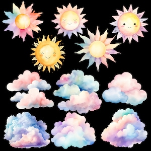 23 Watercolor Pastel Rainbow Clipart Bundle Png,sun,clouds,rainbow Png,digital Download ...