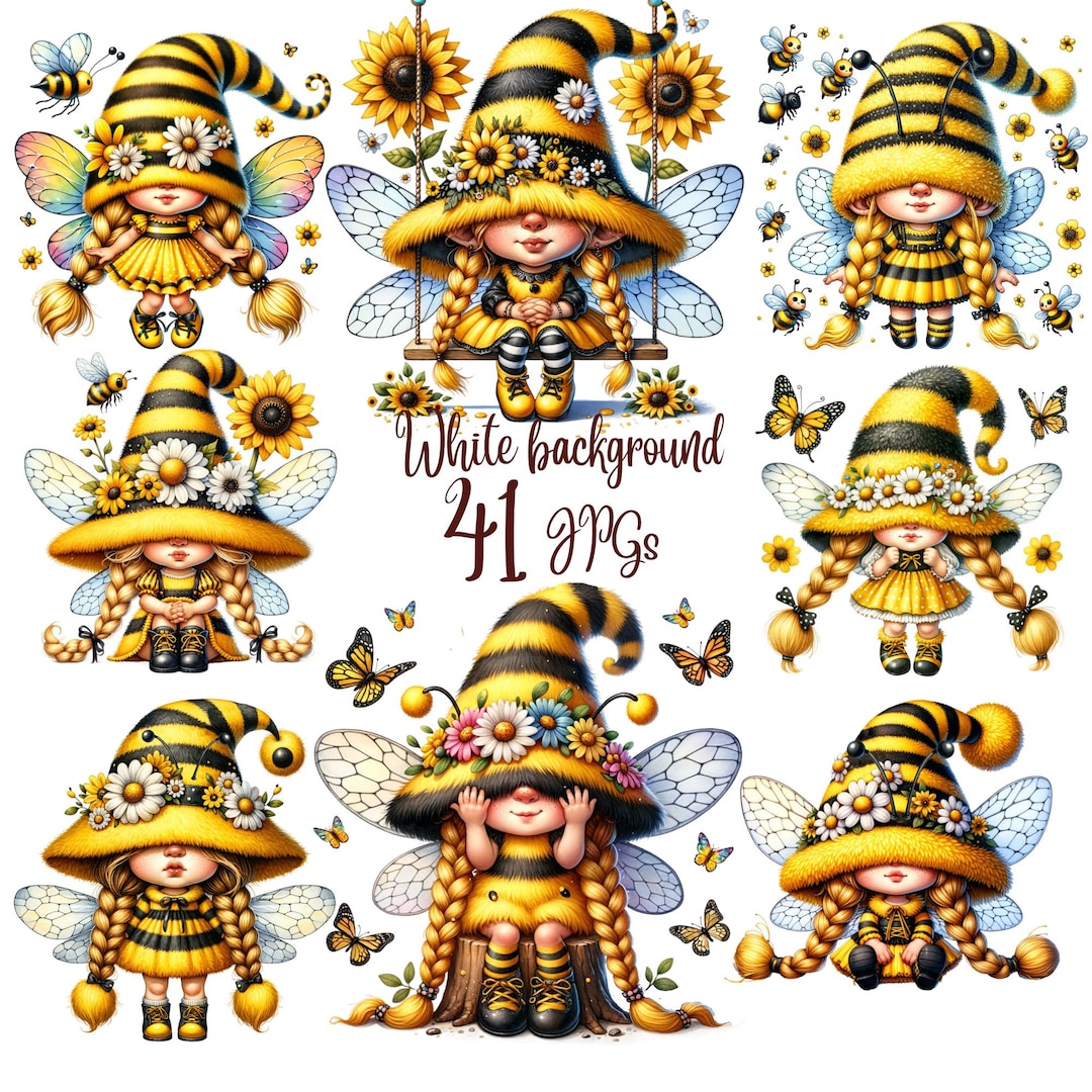 41 JPG, Bumble Bee Gnome Girl Bundle, Gnome Clipart, Spring Gnome ...