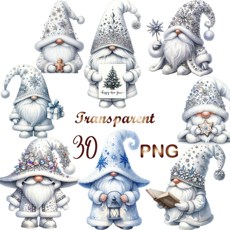 30 PNG, Happy New Year Gnomes Clipart Bundle, White Christmas Gnomes ...