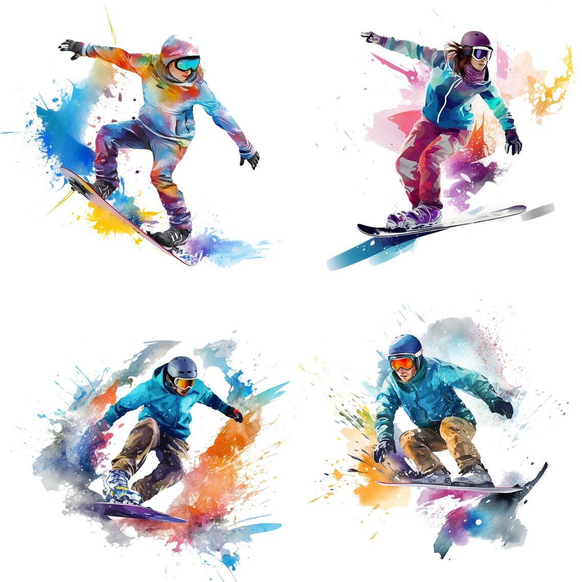 20 Watercolor Snowboarding Clipart, Jpgs, Commercial Use, Digital ...