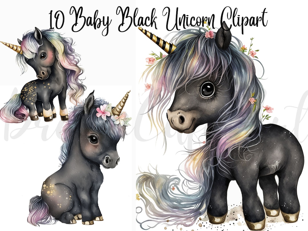 10 Jpgs, Baby Black Unicorn Clipart,black Unicorn Clipart, Digital ...