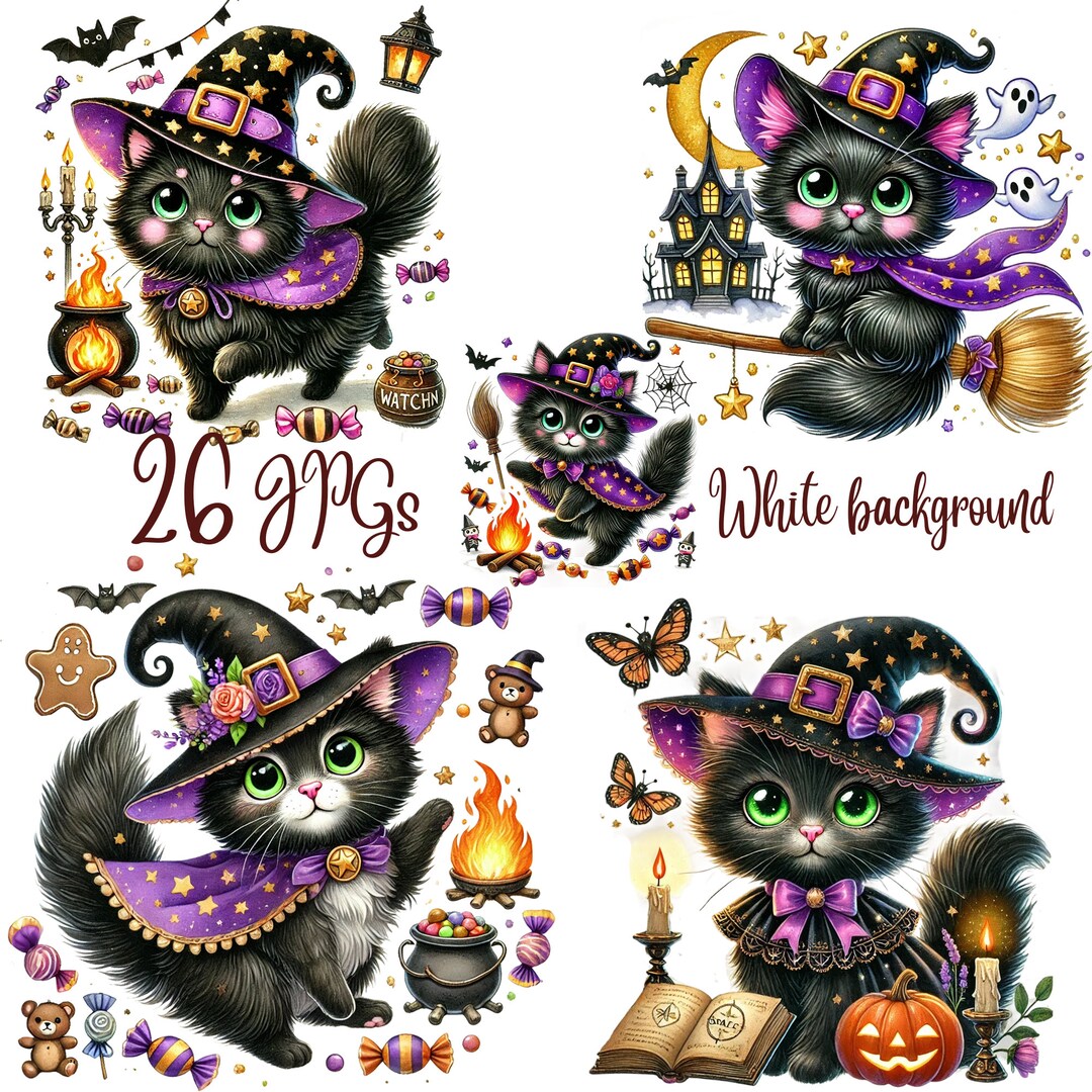 26 JPG, Cute Witch Cat Clipart Bundle, Witch Cat Clipart, Watercolor ...