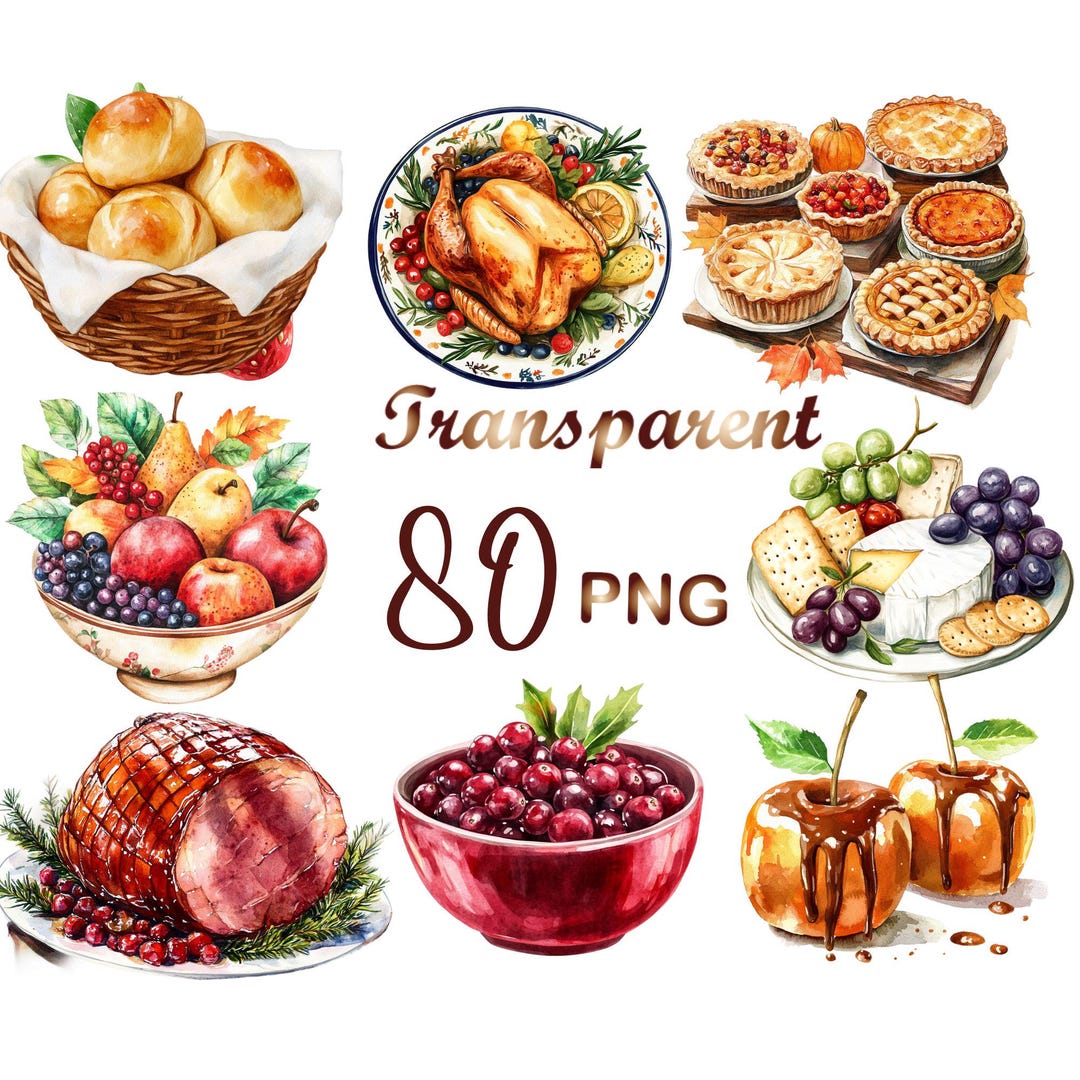 Thanksgiving Food Clipart Bundle 80 PNG Autumn Harvest Dinner ...