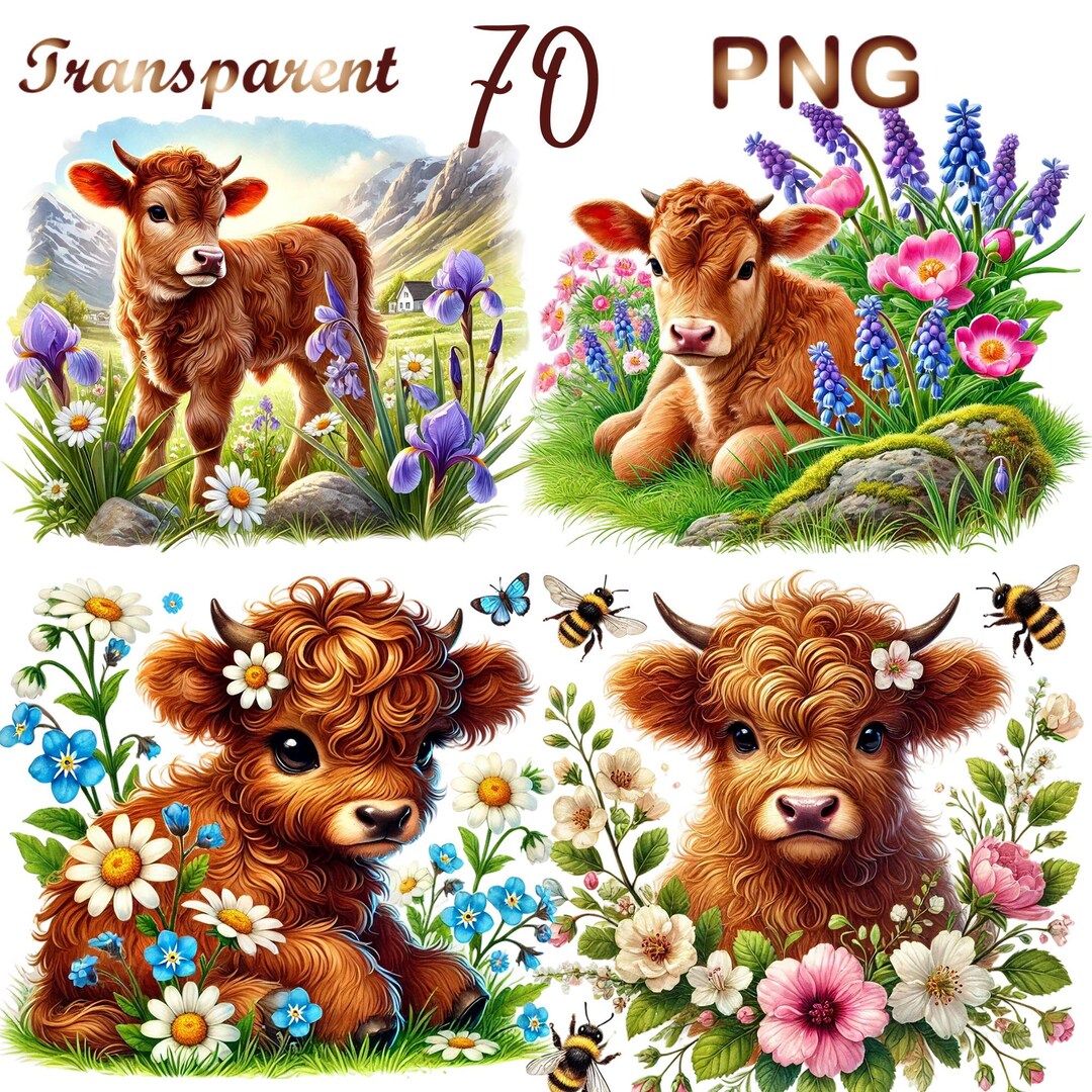 70 PNG Spring Highland Cow Clipart Bundle, Flower Highland Cow Clipart ...