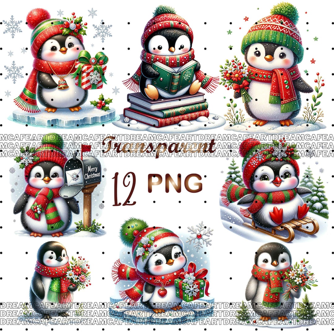 12 Winter Penguin Clipart PNG and JPG, Set 1, Christmas Penguin Clipart ...