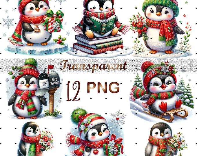 12 Winter Penguin Clipart PNG and JPG, Set 1, Christmas Penguin Clipart ...