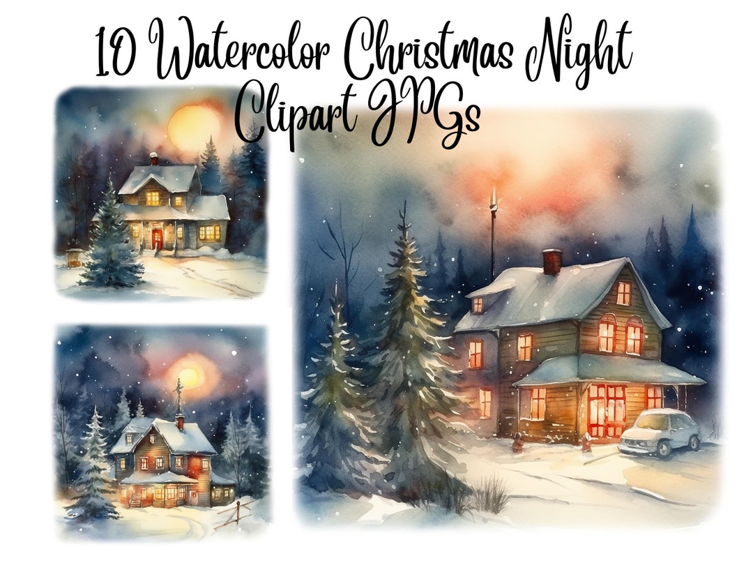 10 Watercolor Christmas Night Clipart, Jpgs, Commercial Use, Digital ...