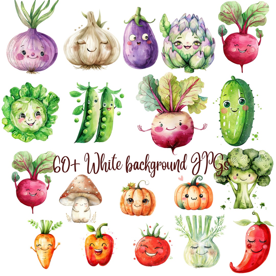 60 JPG, Cute Vegetable Clipart Bundle, Watercolor Vegetable Clipart ...