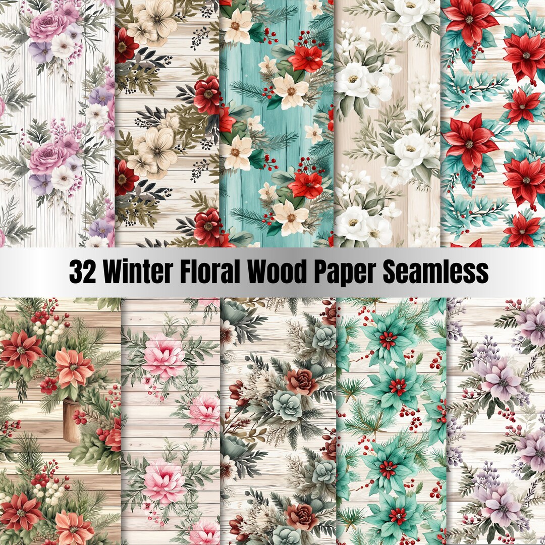 32 Seamless Holiday Floral Digital Paper Pack, Floral Christmas ...