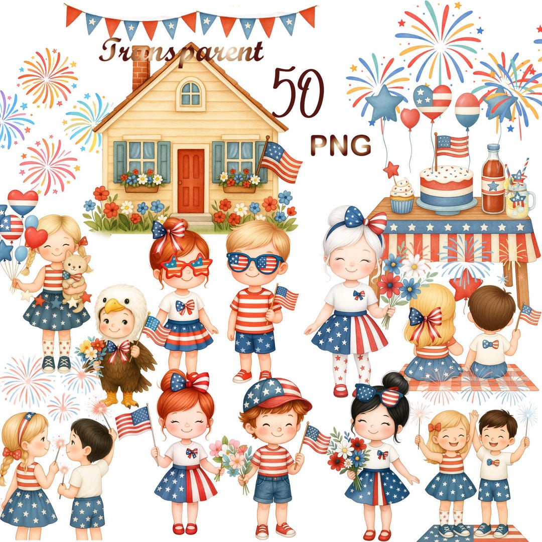 50 PNG Patriotic USA Clipart Bundle – 4th of July Kids, Flags ...