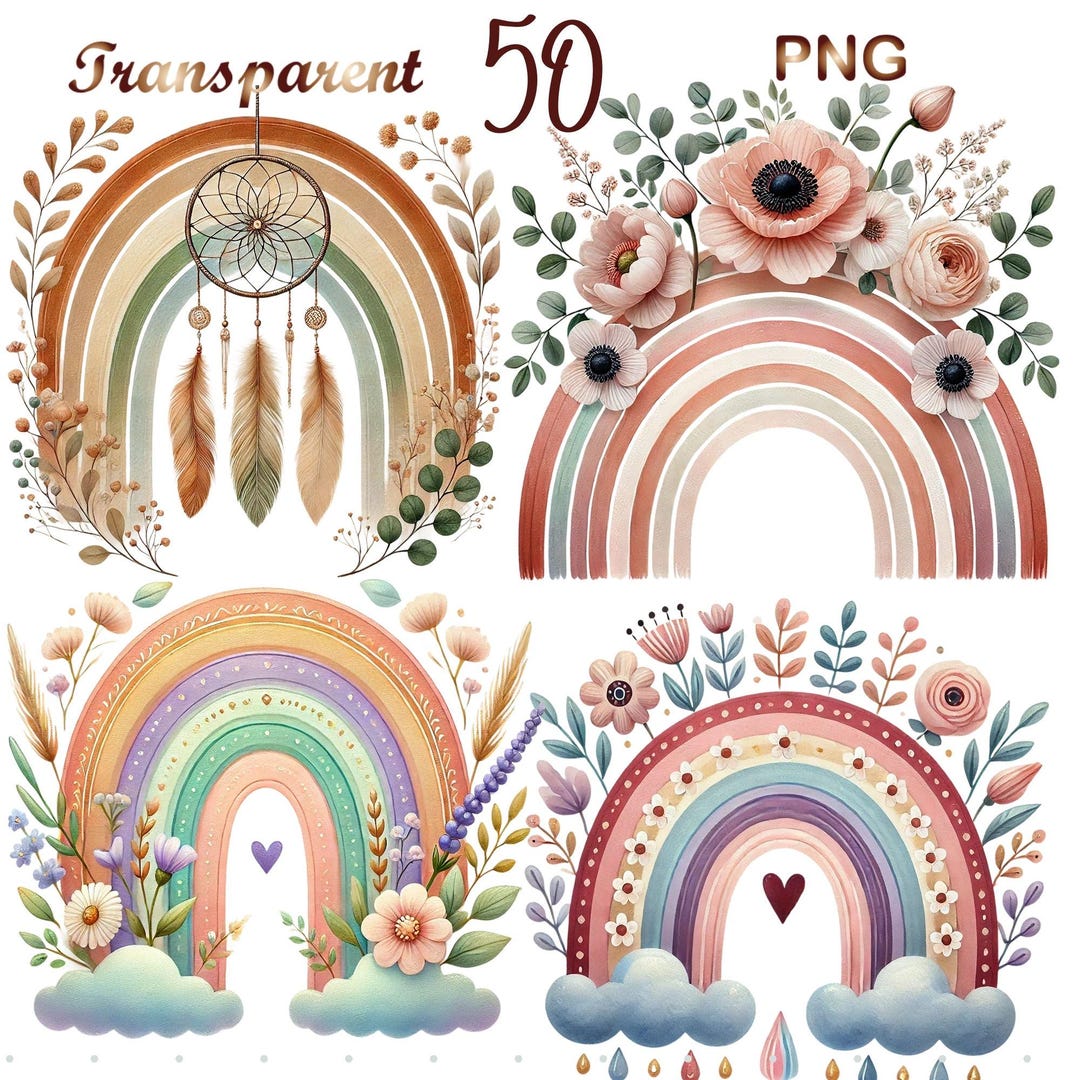 50 PNG Boho Rainbows Clipart Bundle, Cute Rainbow Clipart, Boho Floral ...