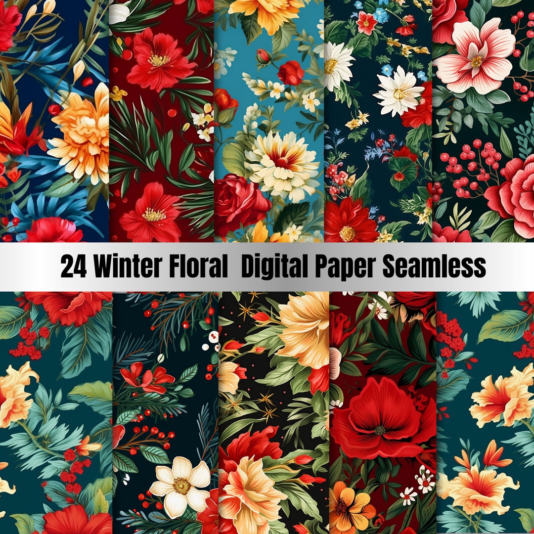 24 Seamless Christmas Floral Digital Paper, Christmas Plaid Background ...