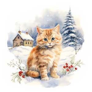 16 Winter Cat Clipart Jpgs, Printable Watercolor Clipart, Winter Cute ...