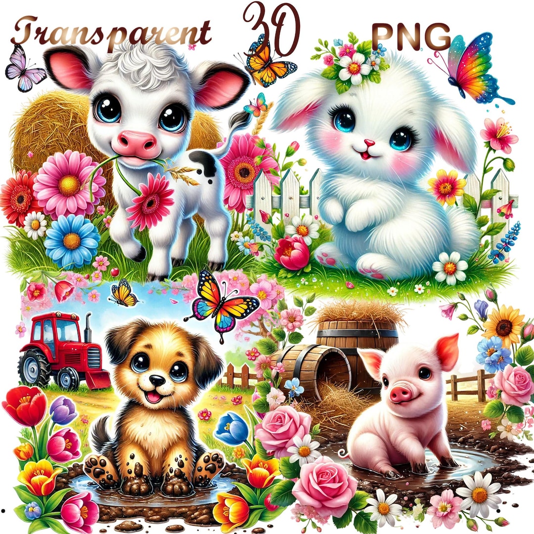 30 PNG Cute Farm Animals Clipart Bundle, Cute Farm Clipart, Farm Baby ...