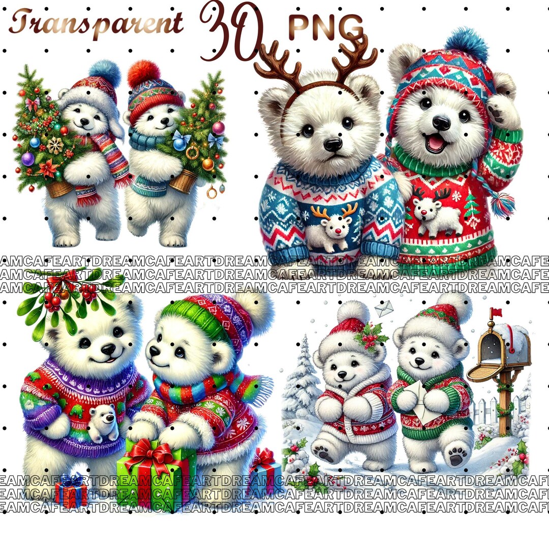 30 PNG, Christmas Polar Bear Clipart Bundle, Polar Bear Clip Art, Cute ...