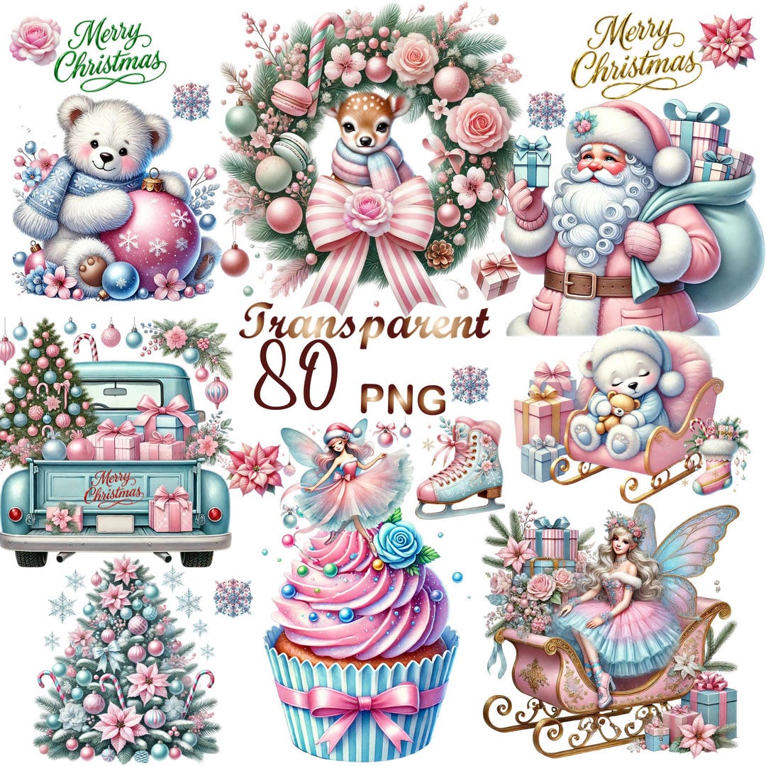 Pastel Pink Christmas Clipart: Watercolor Winter PNG Bundle (80 Files ...