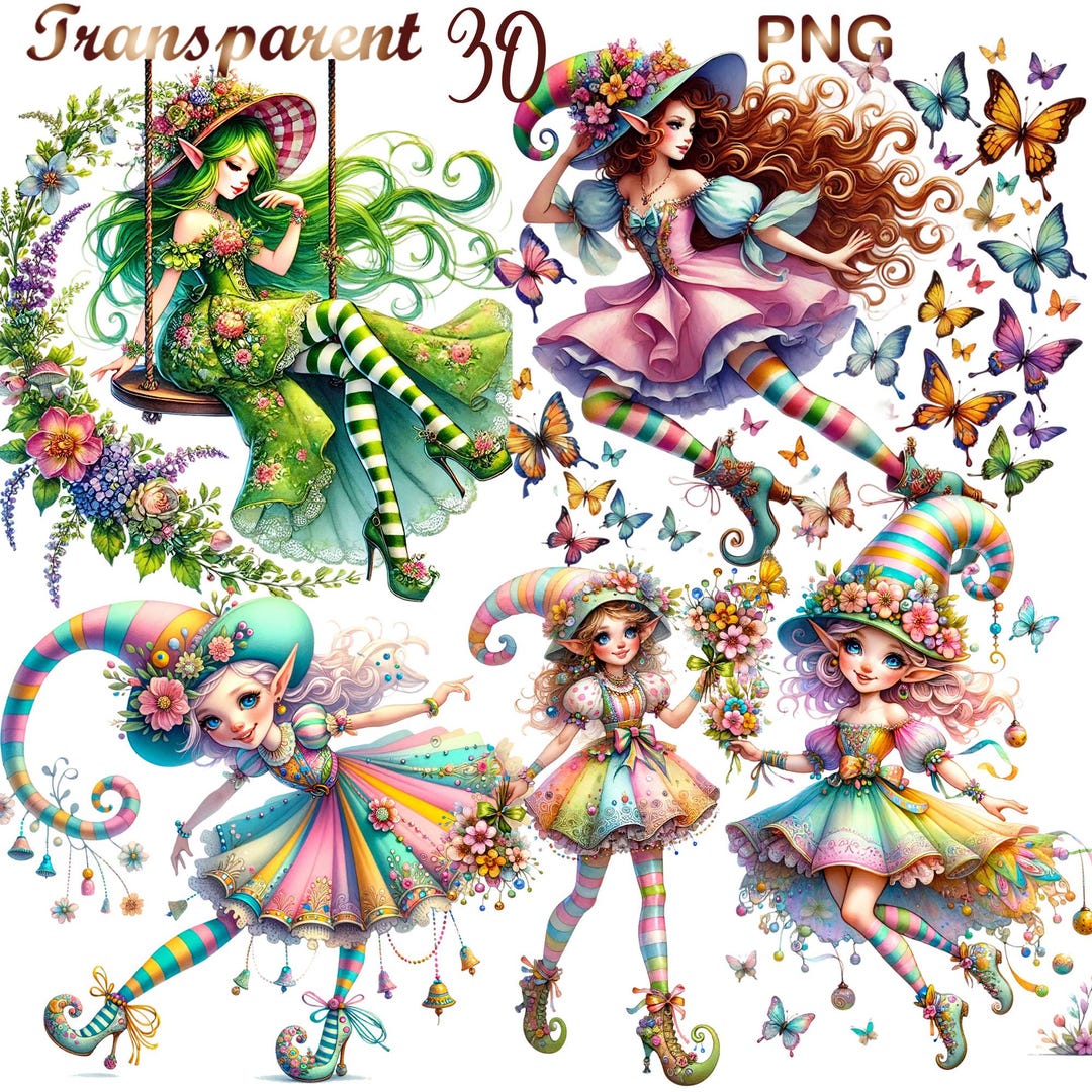 30 PNG Spring Elves Clipart Bundle, Whimsical Elf Illustrations Designs ...