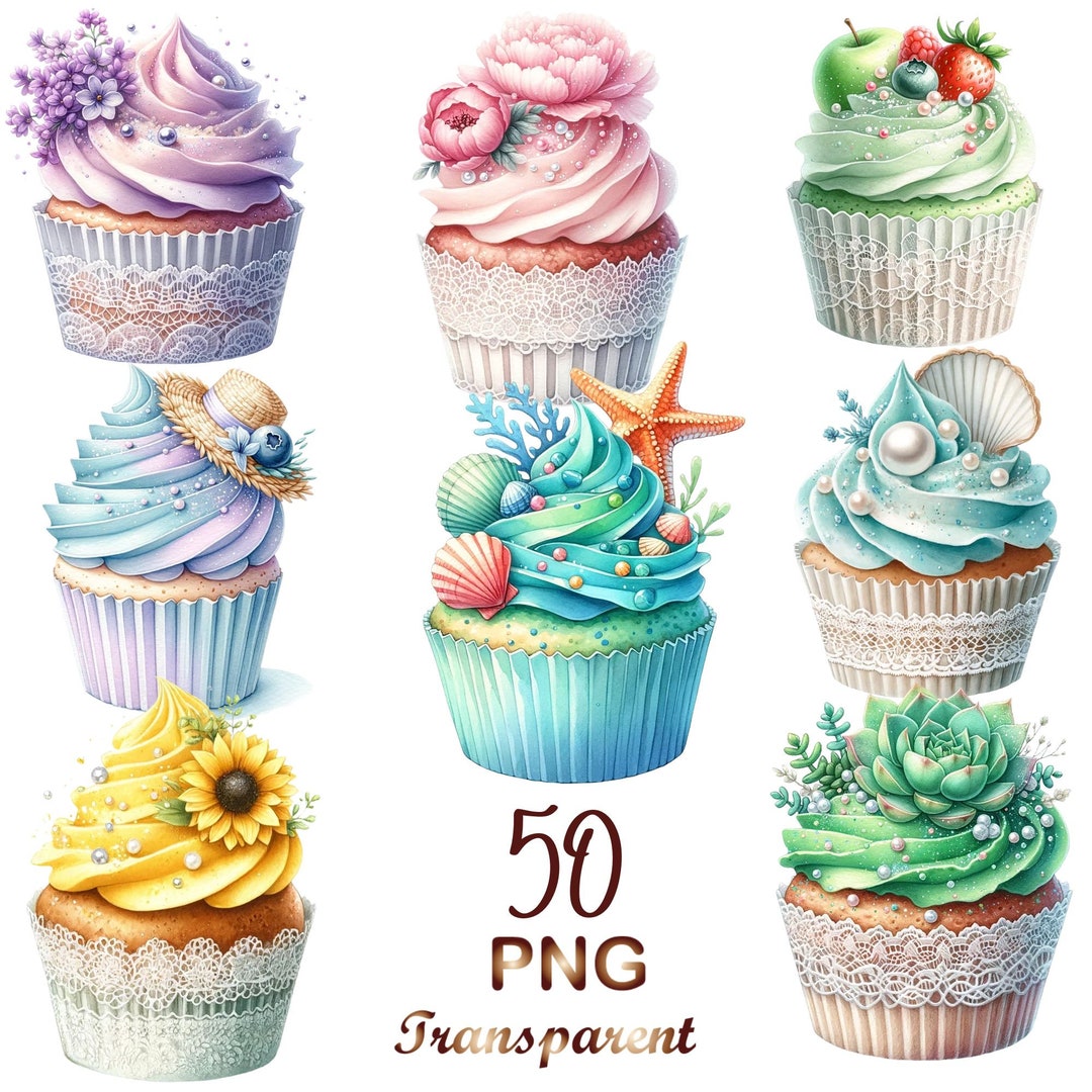 50 PNG, Summer Flowers Cupcake Clipart,watercolor Beach,watercolor ...