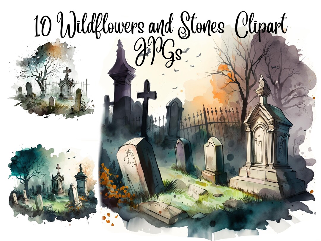 10 Spooky Graveyard Clipart, Watercolor Clipart, Jpgs, Commercial Use ...