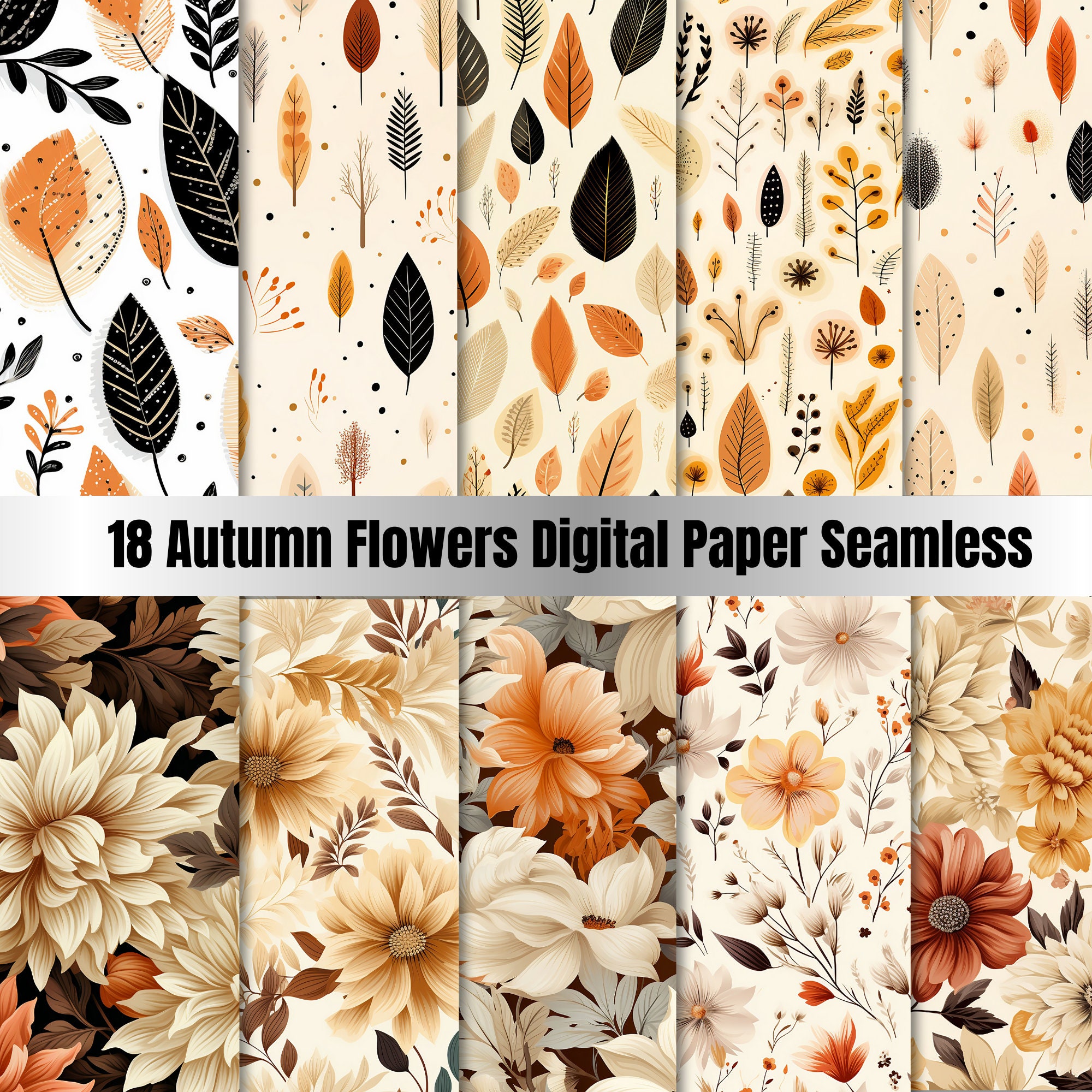18 Seamless Autumn Flowers Digital Paper,leaves Seamless,autumn Floral ...