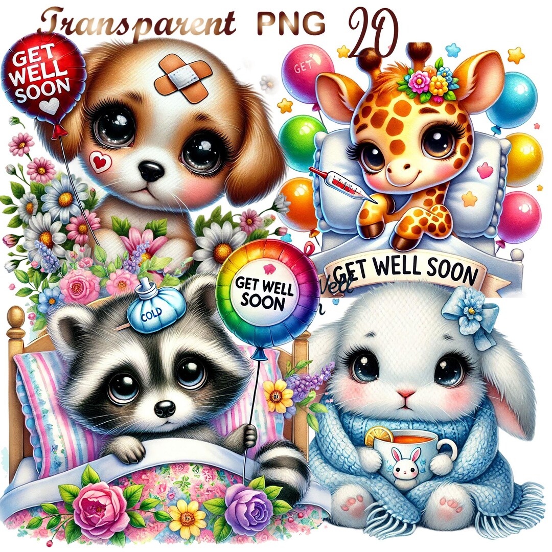 20 PNG, Get Well Soon Clipart Bundle,adorable Animal Illustrations ...