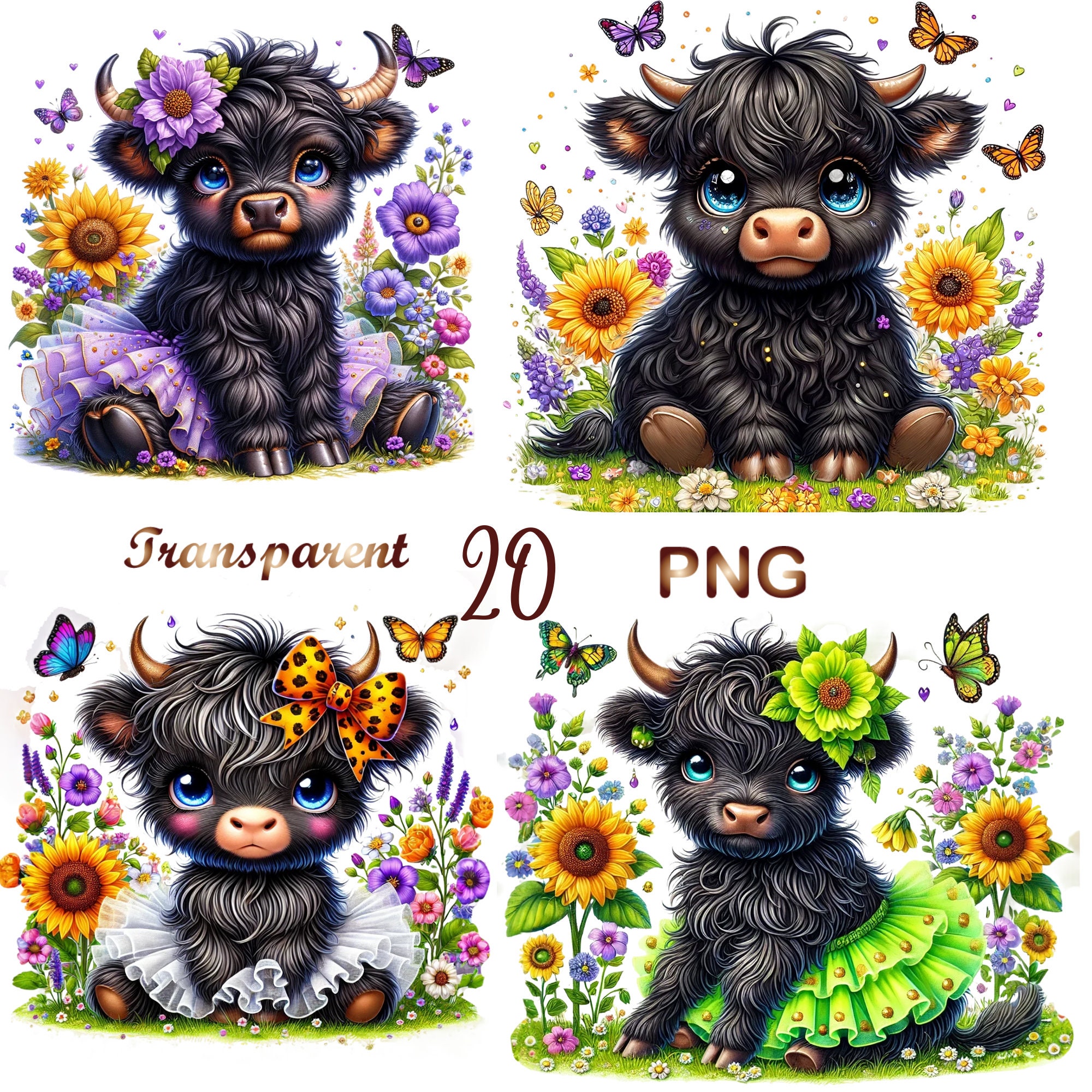 20 PNG, Watercolor Black Highland Cows Clipart Bundle, Black Highland ...