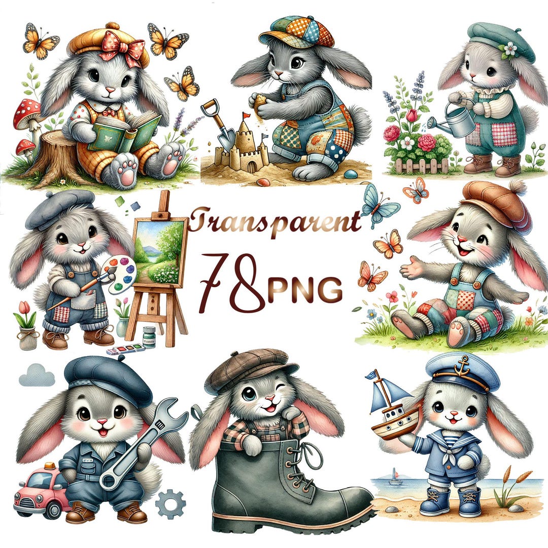78 PNG, Watercolor Rabbit Clipart Bundle, Bunnies PNG, Floral Bunny ...