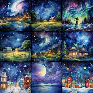 30 Watercolor Magical Night Paper Jpgs, Sky Digital Background, Starry ...