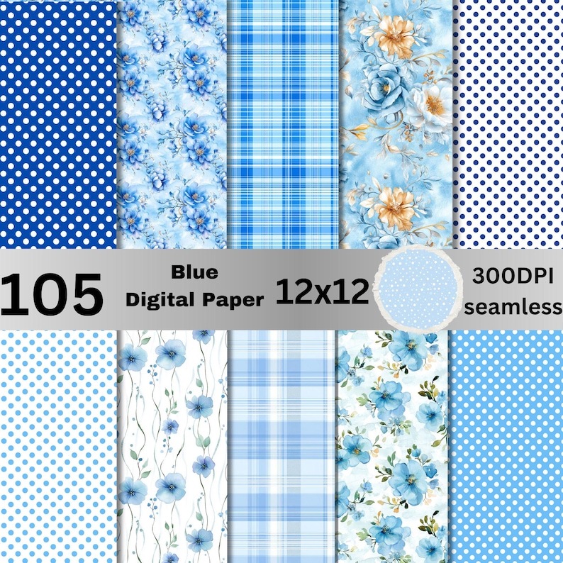 105 Seamless Blue Digital Paper Pack, Blue Pattern Backgrounds ...