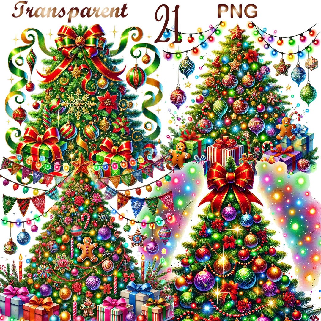 21 PNG Christmas Trees Clipart Bundle, Set 3,festive Tree Illustrations ...