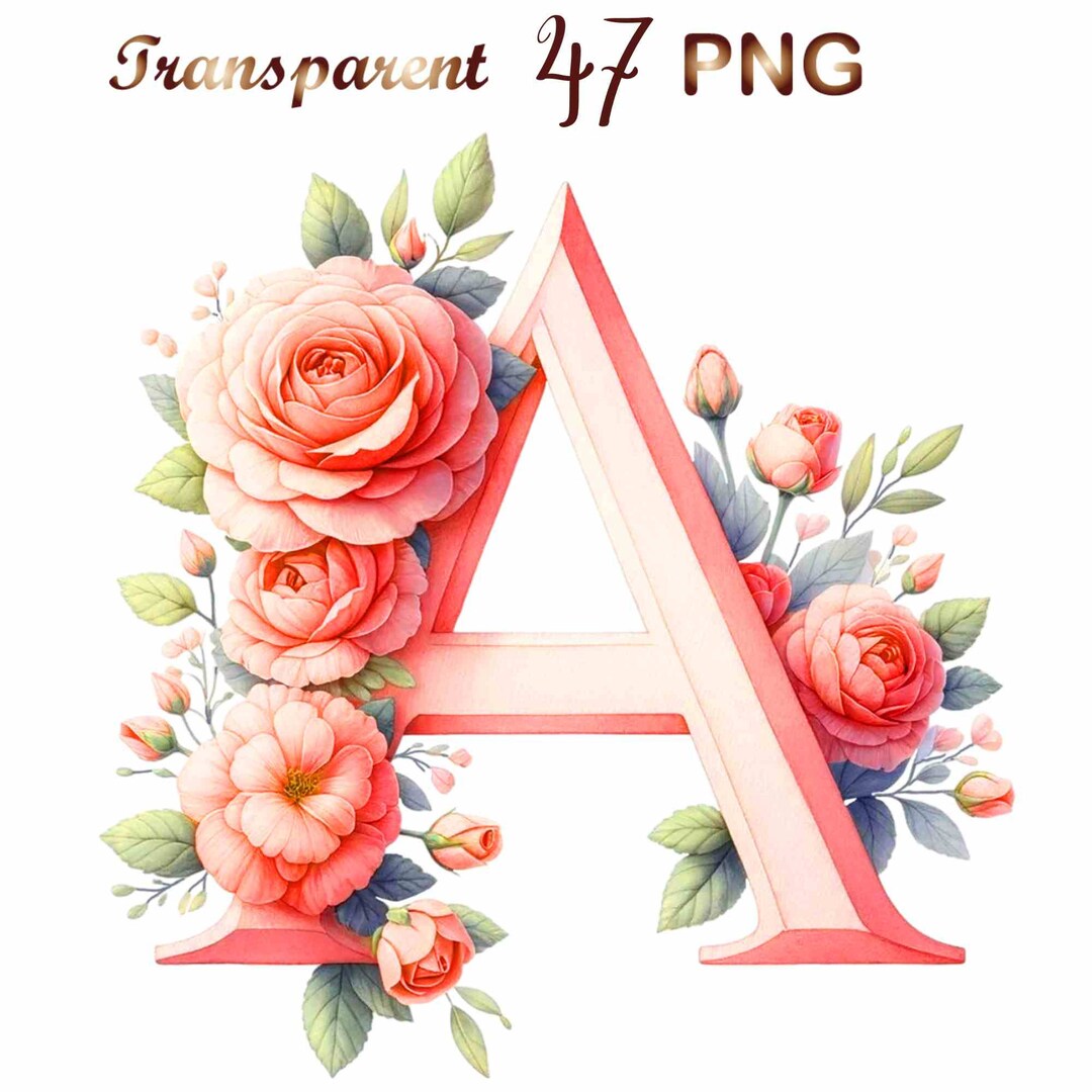 47 PNG, Watercolor Blush Floral Alphabet Collection Clipart, Pink ...