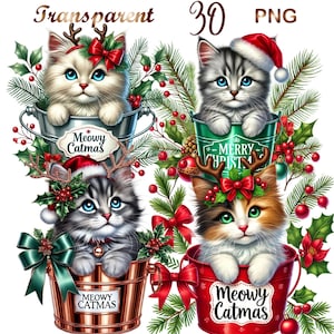 30 PNG Set 7, Christmas Kitten Clipart Bundle, Meowy Christmas Clipart ...