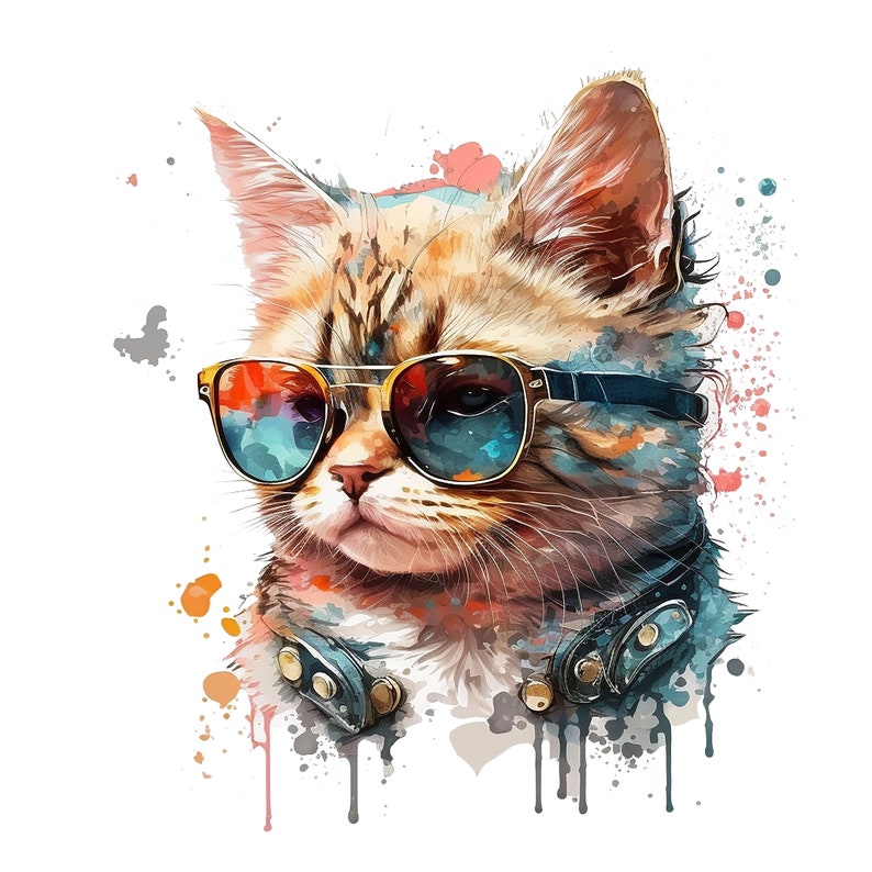 Cool Cat in Sunglasses Clipart Set, 10 Watercolor Pet Art (digital ...