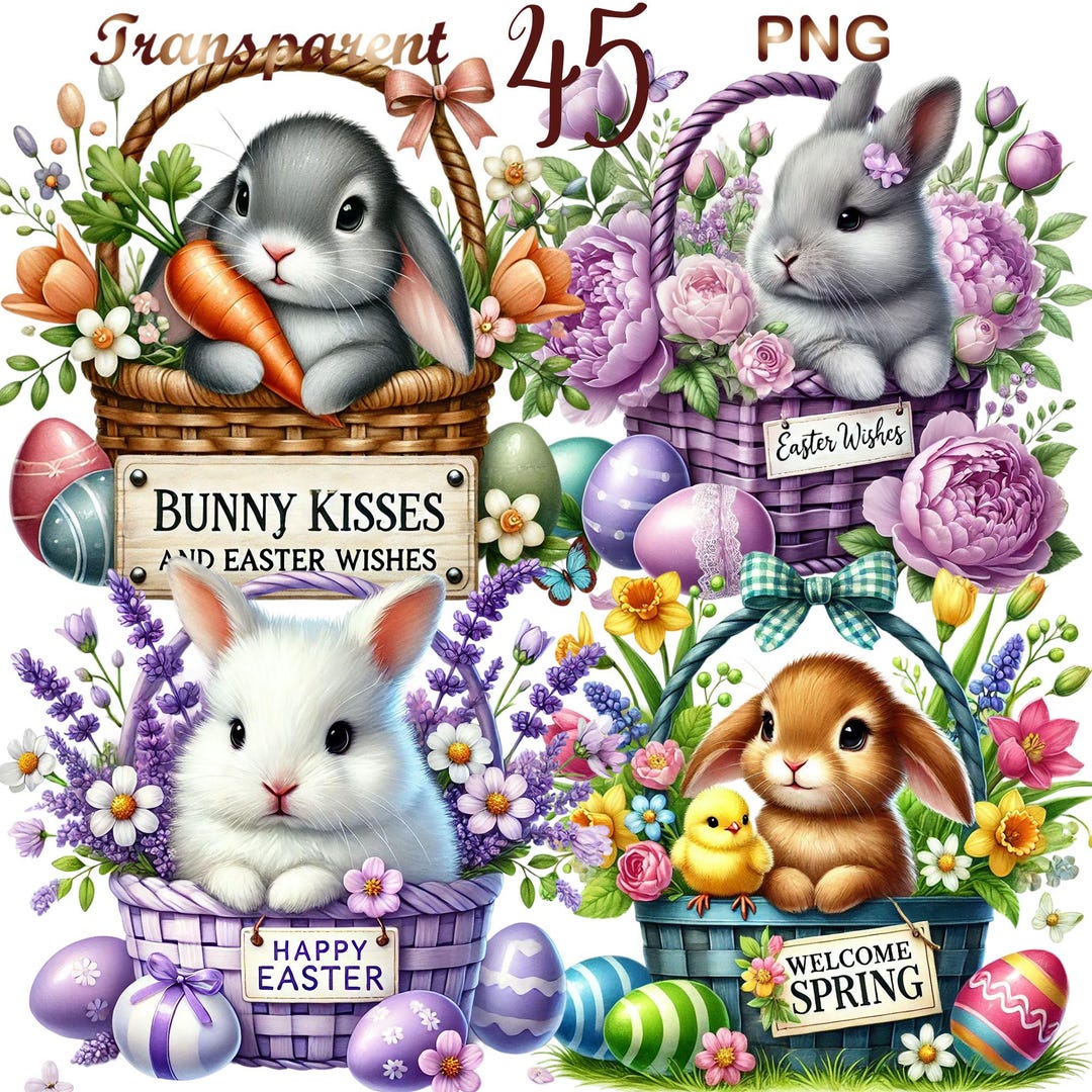 45 PNG Set 2 Easter Bunny Clipart Bundle, Spring Bunny in a Basket ...