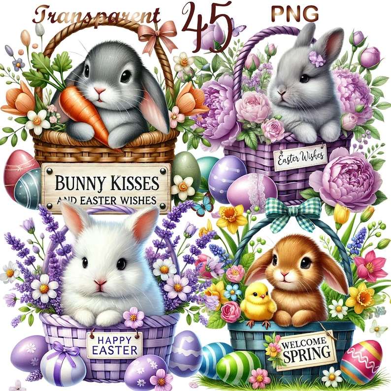 45 PNG Set 2 Easter Bunny Clipart Bundle, Spring Bunny in a Basket ...
