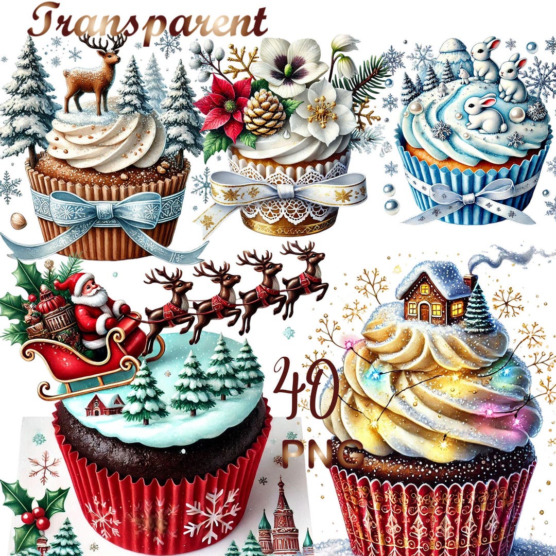 40 PNG, Christmas Cupcakes Clipart Bundle, Set1, Festive Holiday ...