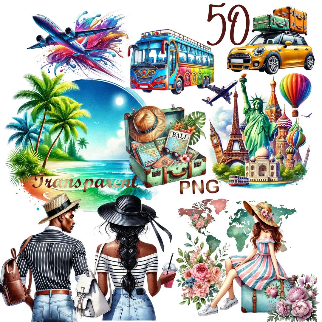 50 PNG Travel Clipart Bundle, Vacation Holiday Graphics Designs ...