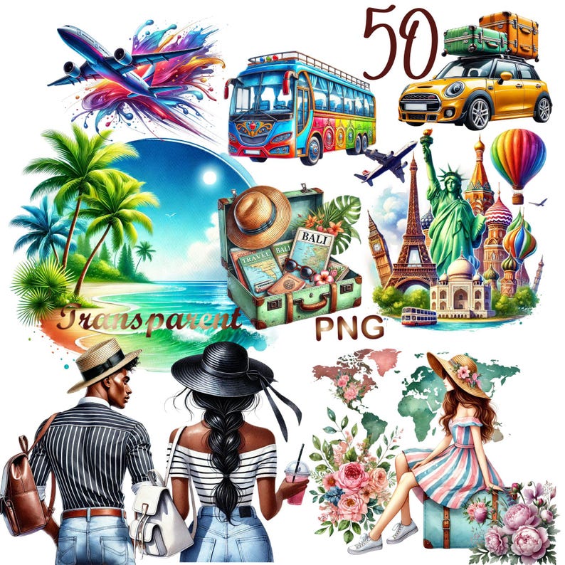 50 PNG Travel Clipart Bundle, Vacation Holiday Graphics Designs ...